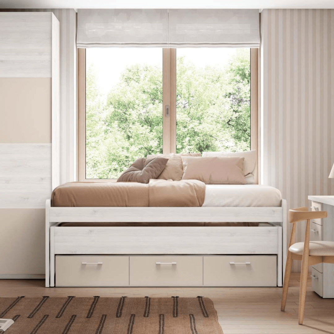 Cama compacta blanco nordic/gris coco + 3 contenedores - Veta muebles