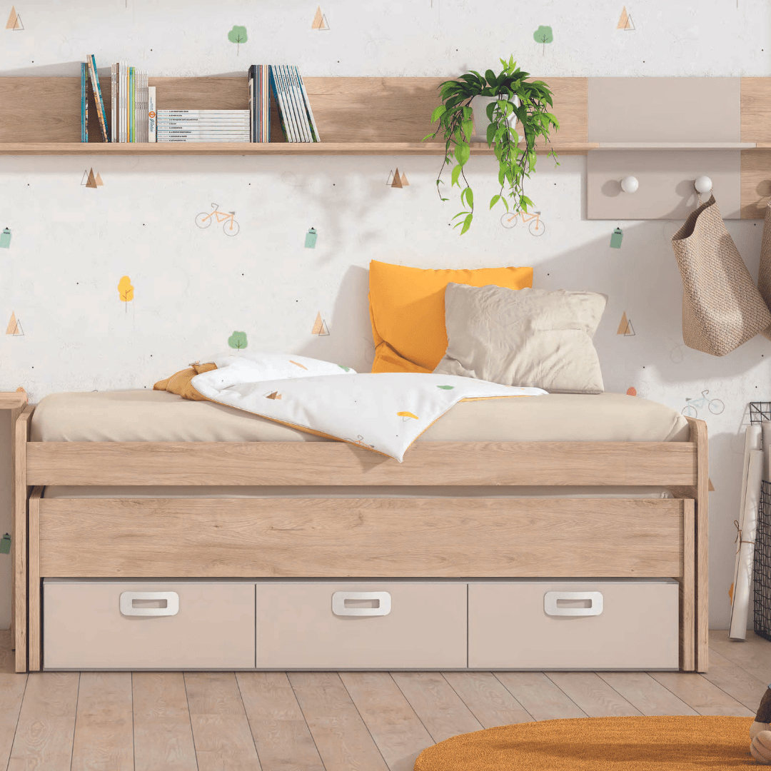 Cama compacta con cama oculta desplazable + 3 contenedores sahara/gris ...